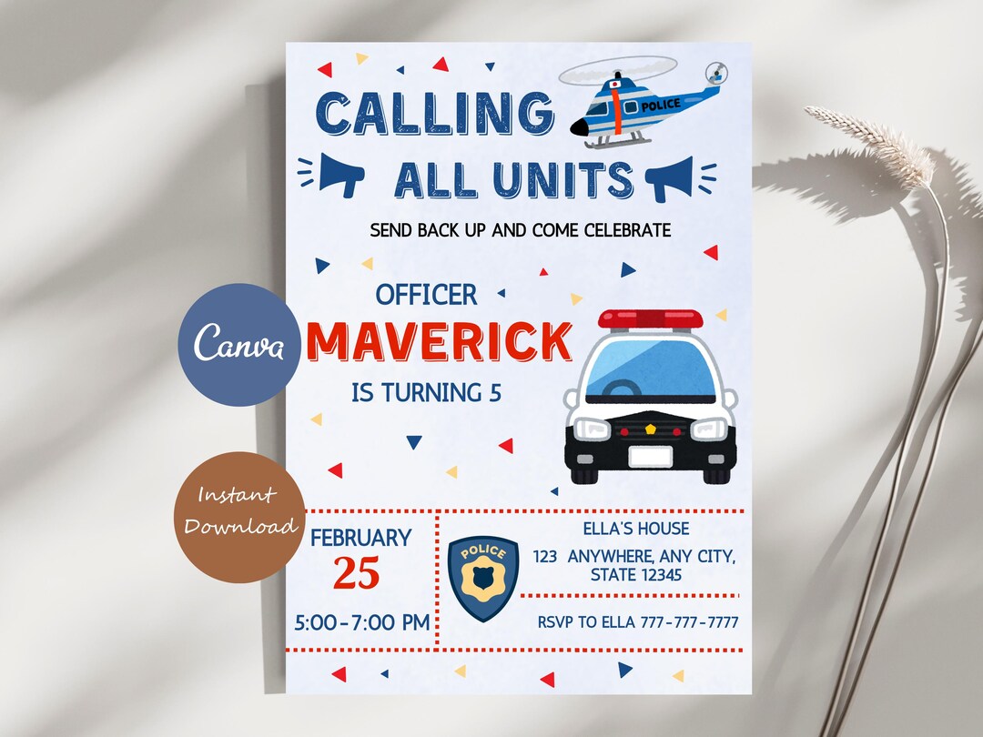 Police Birthday Party Invite, First Responders, Editable Canva (digital ...