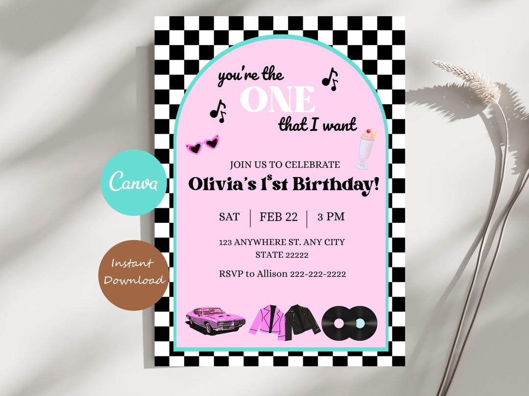 Grease Theme 1st Birthday Invitation, Retro Customizable (digital ...