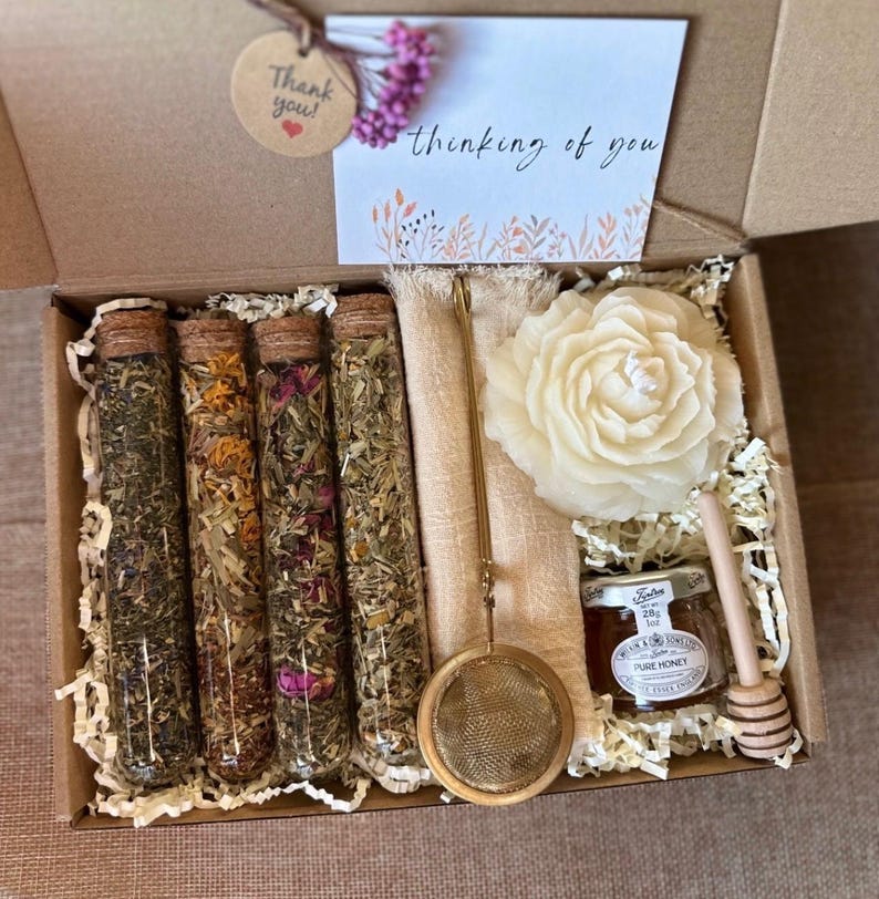 Herbal Tea Gift Set – Candle, Honey, Tea Infuser & Artisan Tea Blends ...
