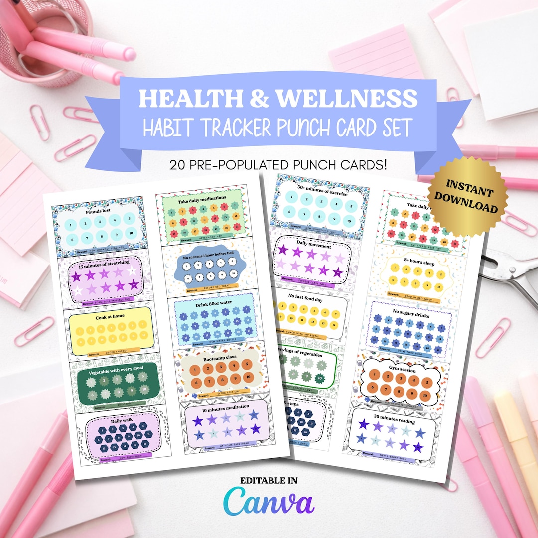 Health & Wellness Punch Card Habit Trackers Printable | Colorful + Ink ...