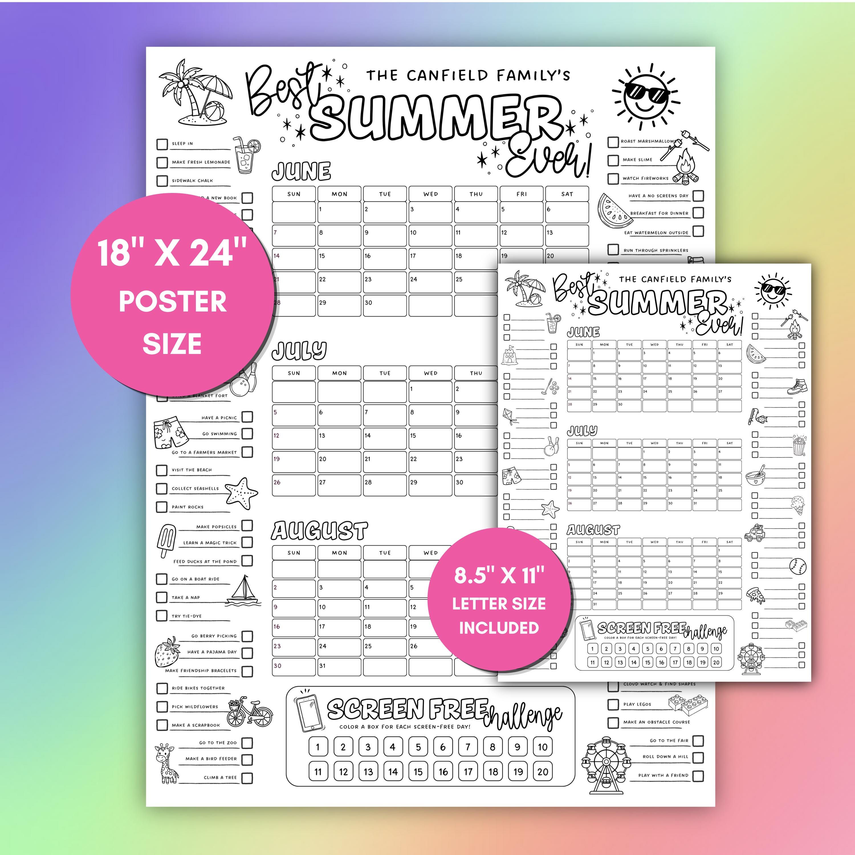 Editable Summer Bucket List Calendar Printable | Family Summer ...