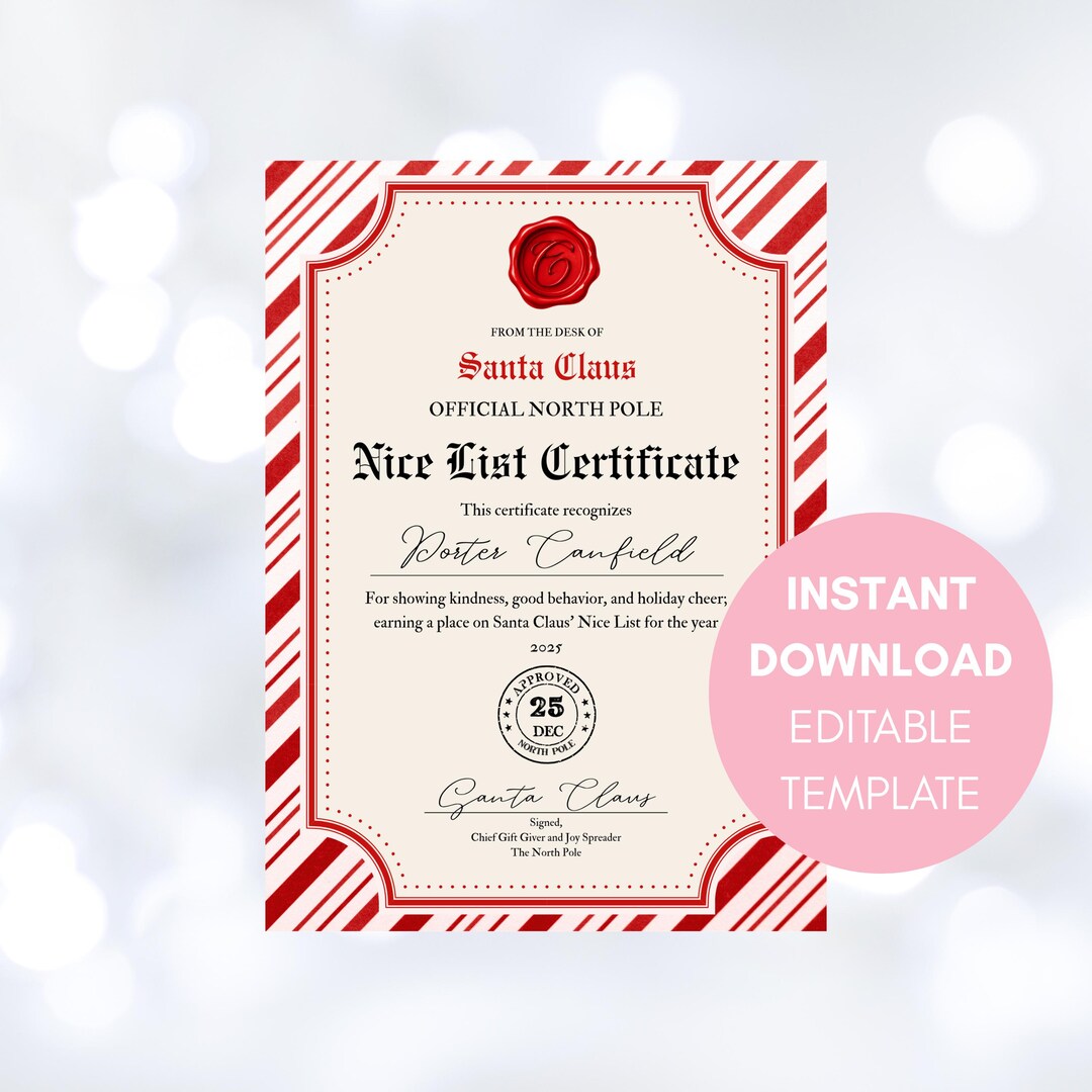 Printable Santa's Nice List Certificate (digital Download) - Etsy