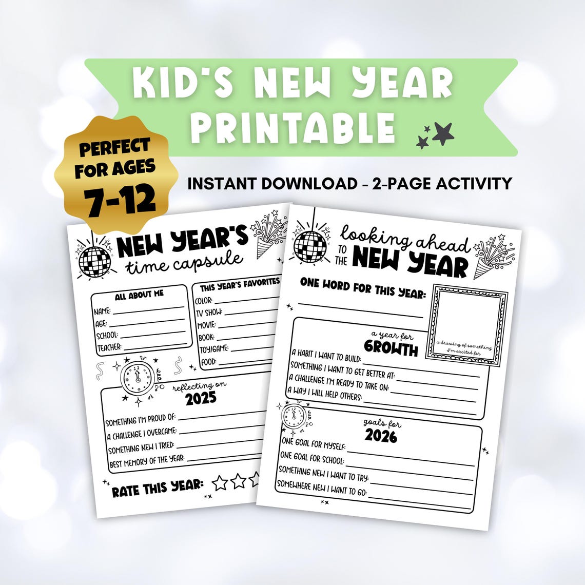Kids New Years Time Capsule & Goal-setting - 2 Page Printable Activity ...