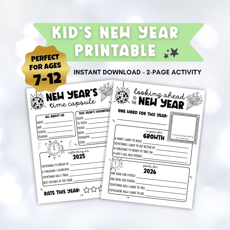 Kids New Years Time Capsule & Goal-setting - 2 Page Printable Activity ...