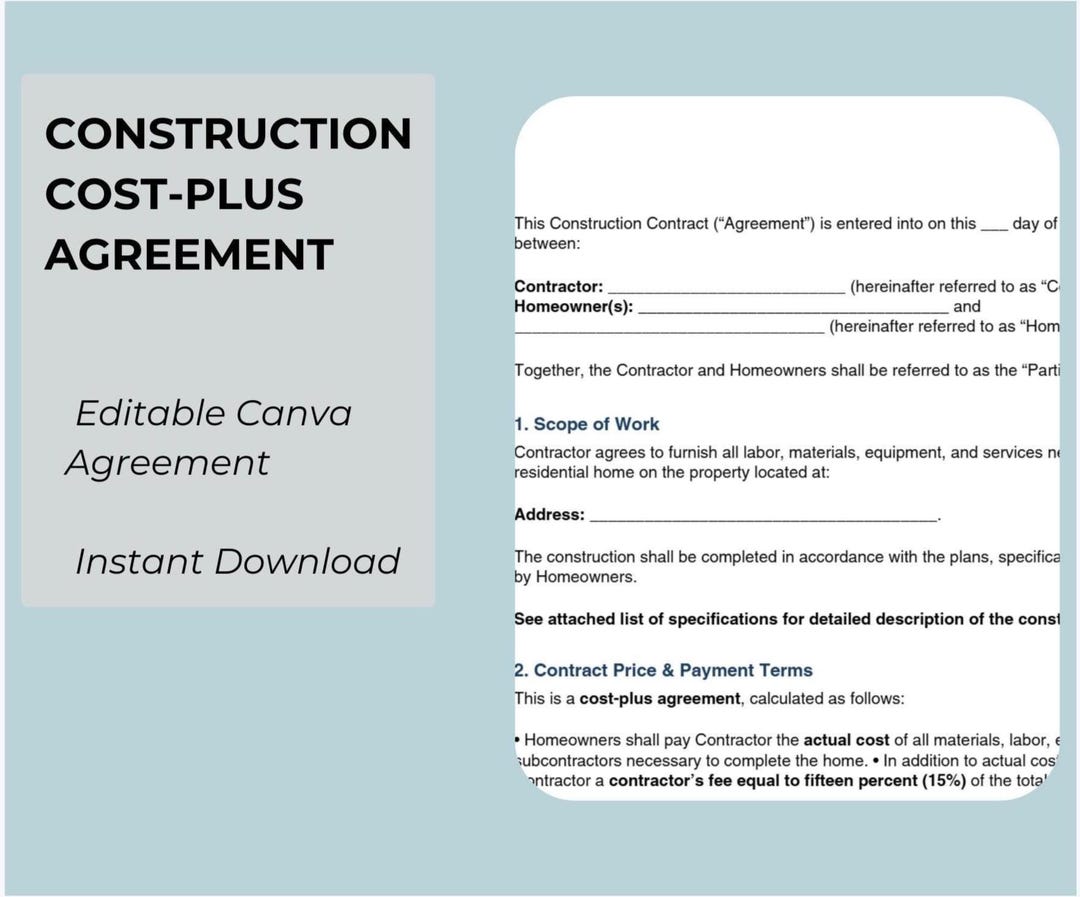 Cost Plus Construction Contract Template | Editable Canva Builder ...