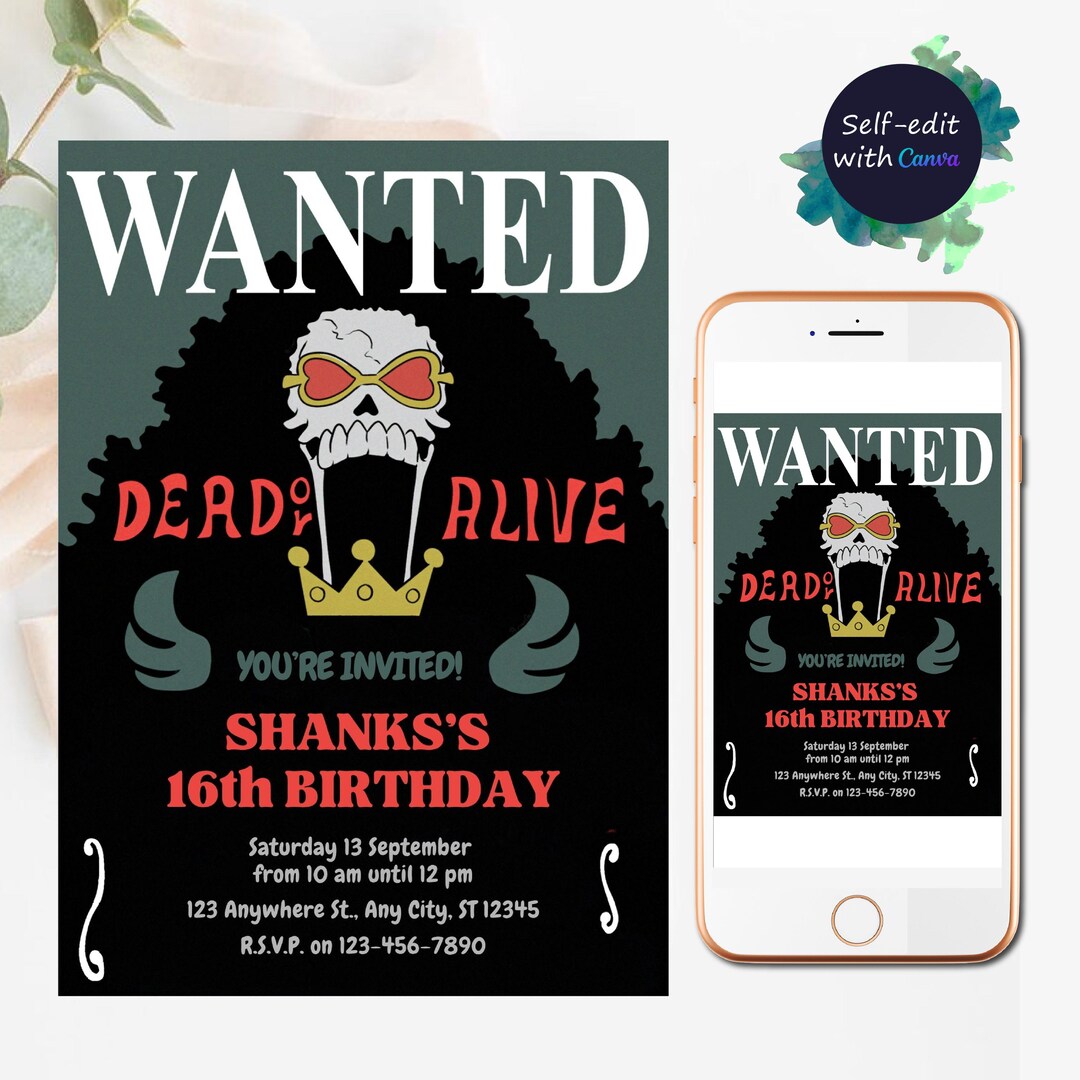 One Piece Invitation Birthday Brook Birthday Invitation Mugiwara ...