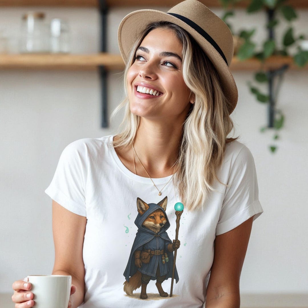 Fox Wizard Adventurer T-shirt | Cloaked Fox With Glowing Staff - Etsy
