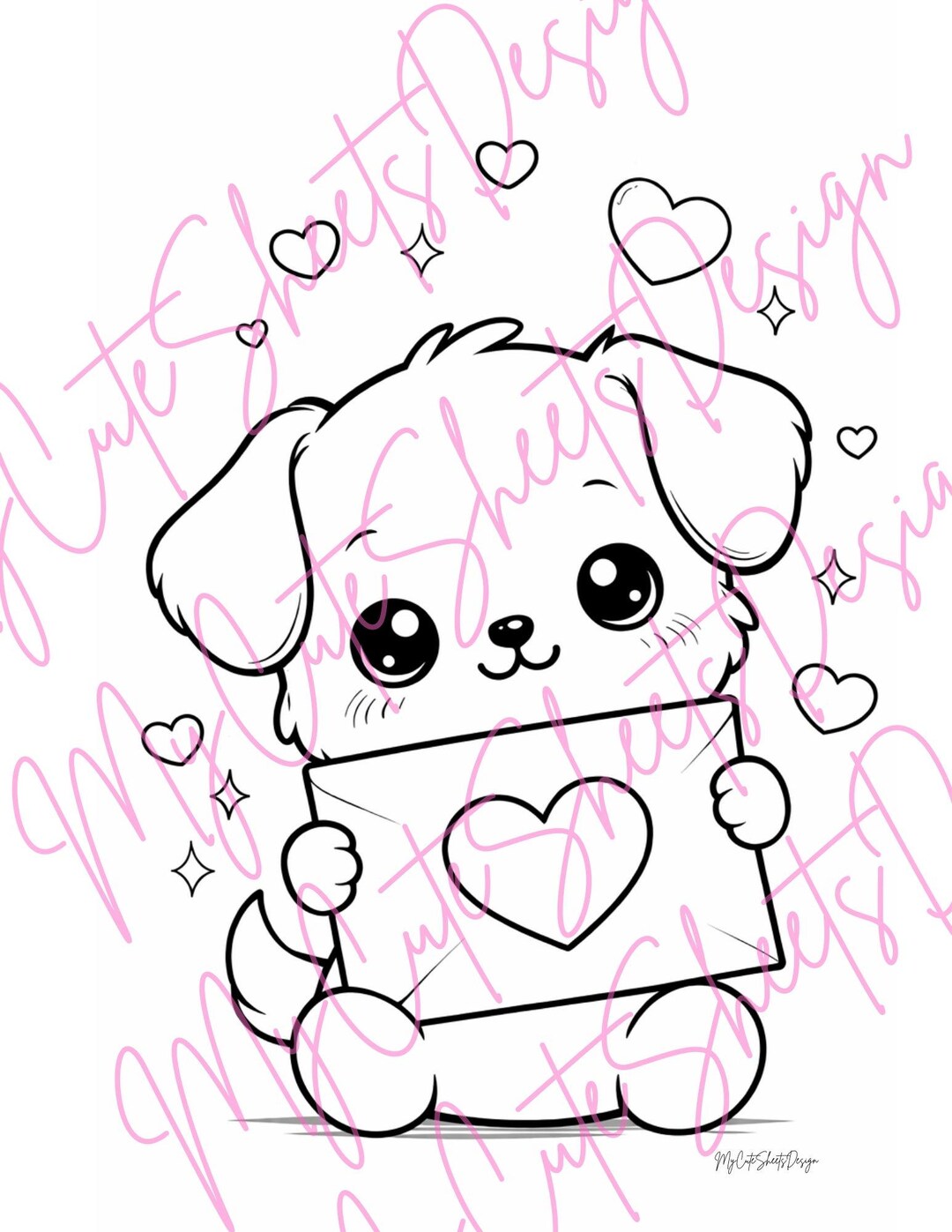 Cute Puppy Valentine Coloring Page for Kids • Kawaii Dog Printable PDF ...