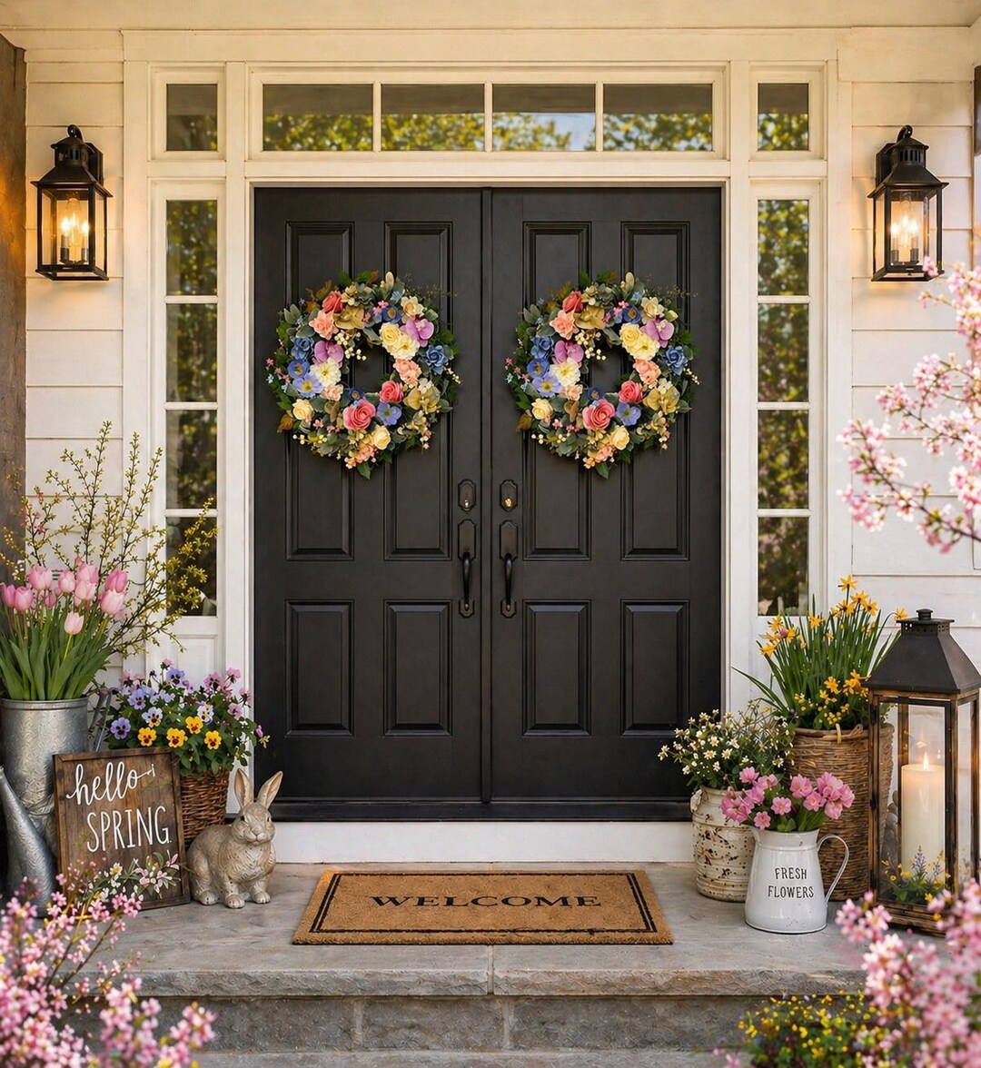 Spring Floral Wreath for Front Door, Colorful 22” Wildflower Wreath ...
