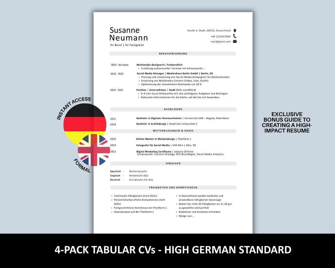 Lebenslauf - German Tabular CV Template Pack, Job/visa Application or ...