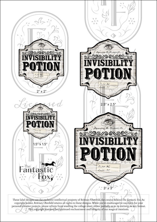 Invisibility Potion, Printable Vintage Labels, Potions, Wizard, Halloween Craft, Apothecary, DIY ...