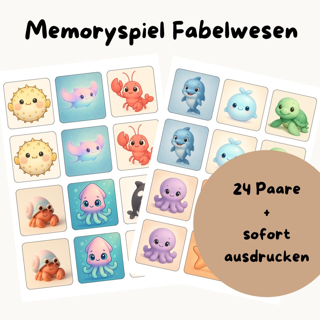 Ocean Animals Memory Game | 24 Pairs | Cute Sea Creatures | Printable ...