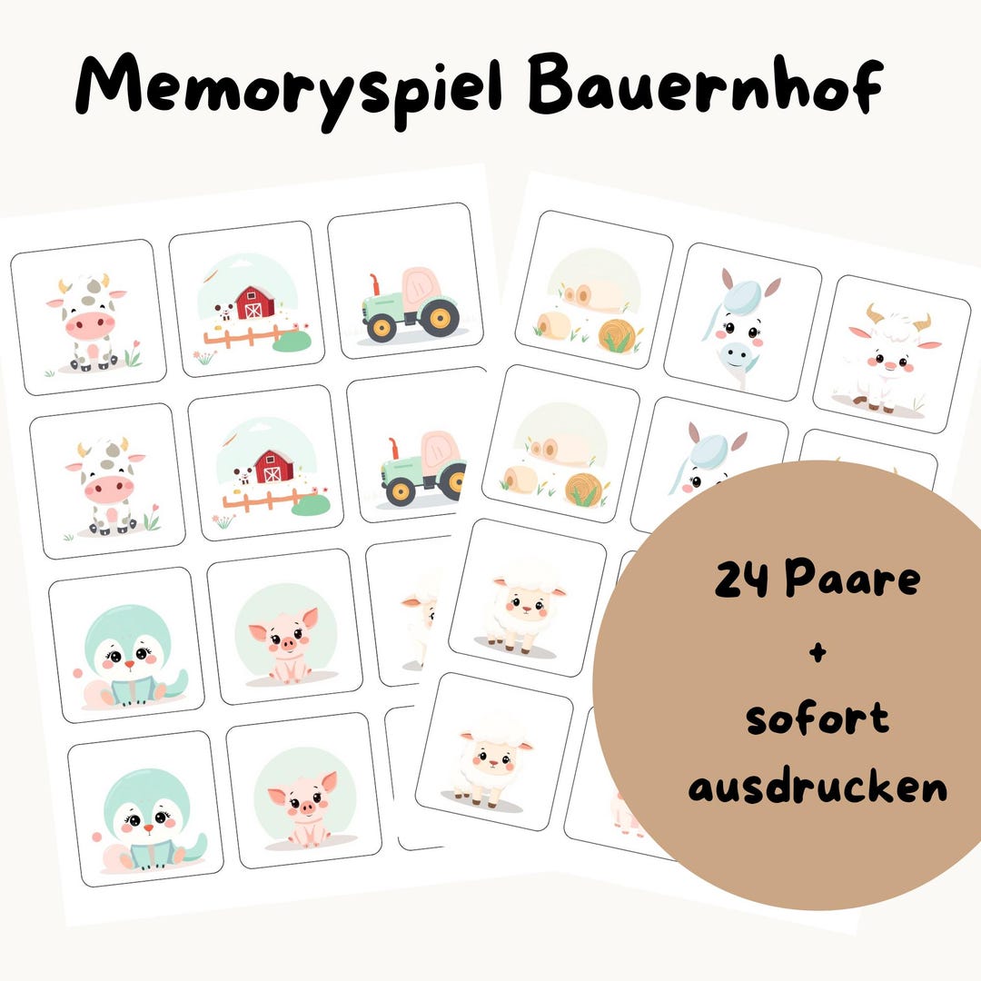 Farm Animals Memory Game Printable | 24 Pairs | Cute Farm Matching ...