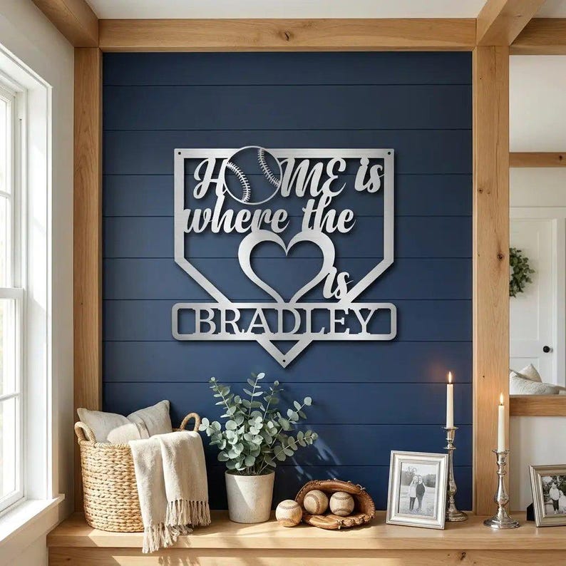 Personalized Baseball Home Plate Metal Wall Art | Custom Family Name ...
