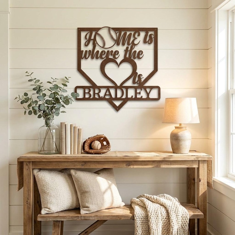 Personalized Baseball Home Plate Metal Wall Art | Custom Family Name ...