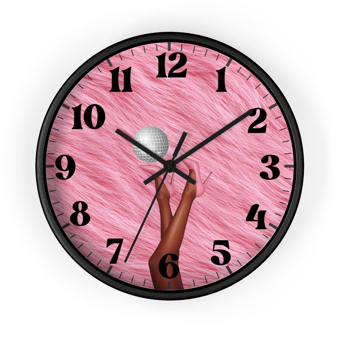 Elegant Leg Holding Disco Ball Wall Clock | Pink Faux Fur Background ...