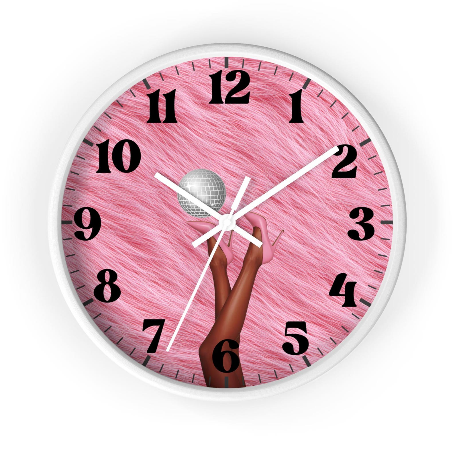 Elegant Leg Holding Disco Ball Wall Clock | Pink Faux Fur Background ...