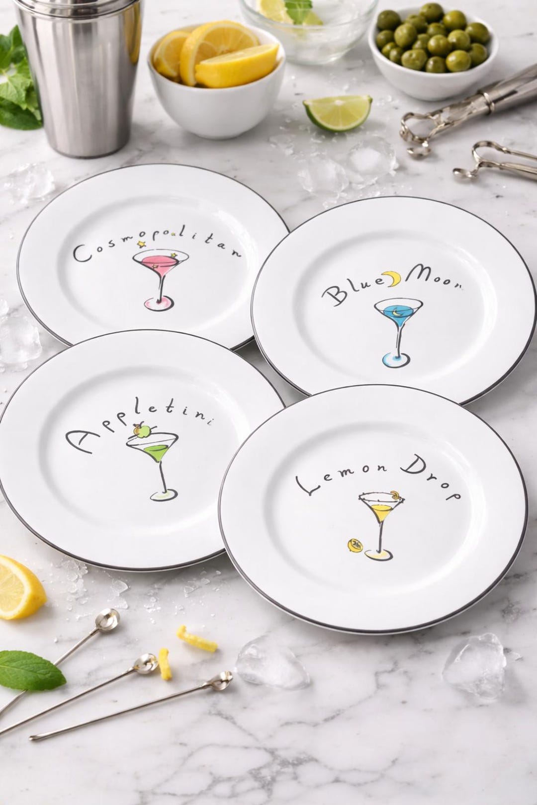Plates Set of 4 Cocktail Theme Plates Cosmopolitan Appletini Lemon Drop ...
