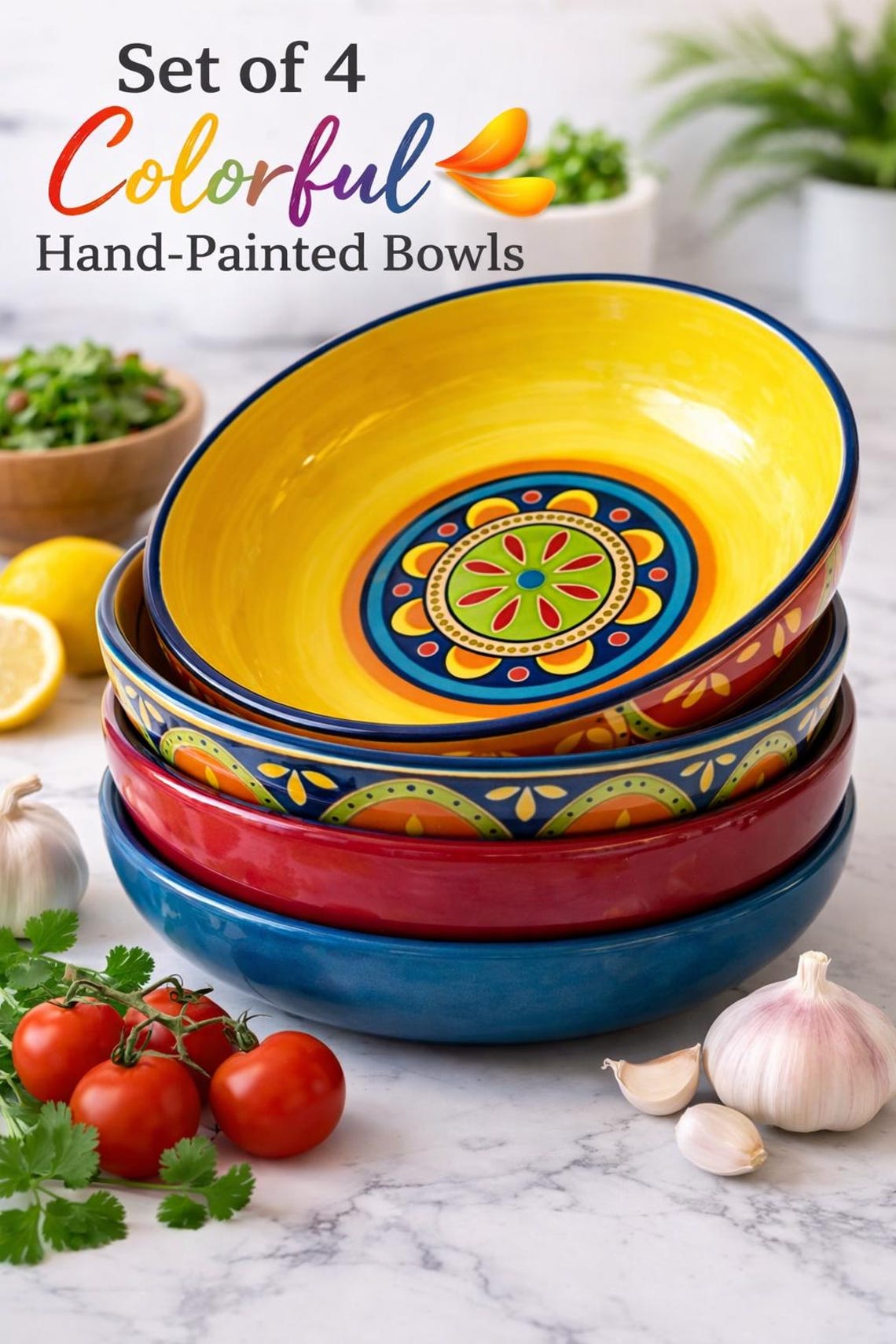 Hand Painted Ceramic Bowls, Set of 4 | New Spanish Style Pasta Bowls - Etsy