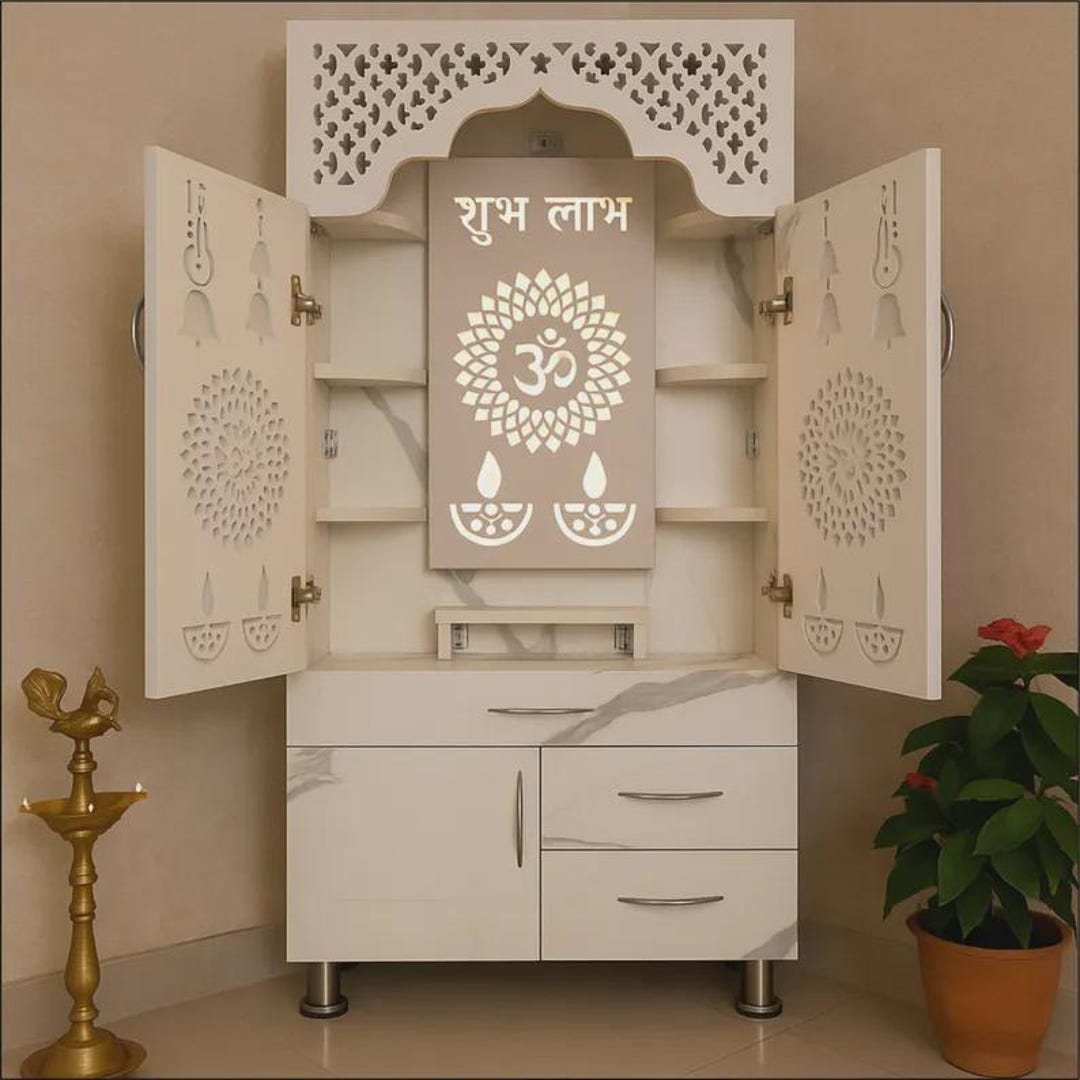 Modern White Pooja Mandir | Engineered Wood Hindu Prayer Altar With LED ...