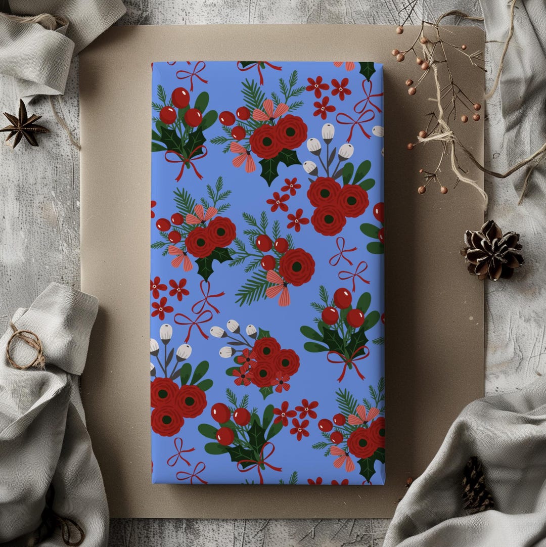 Red Poppy and Holly Pattern Gift Wrap | Christmas Floral Wrapping Paper ...