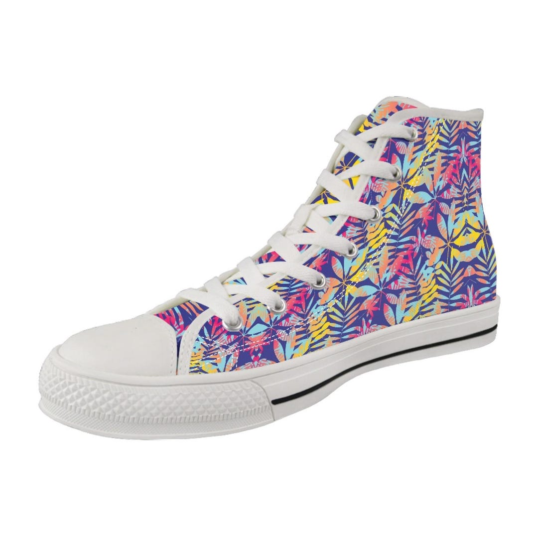 Custom High-top Canvas Sneakers With Bright Tropical Leaf Print ...