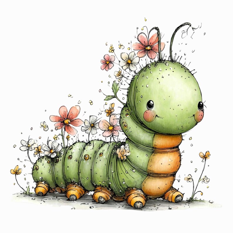 Whimsical Caterpillar Clipart, Watercolor Spring Bug PNG (digital ...