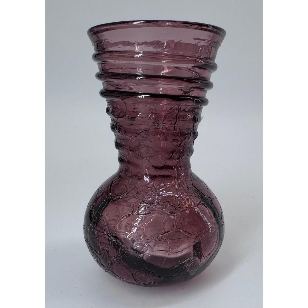 Vintage Purple Crackle Glass Vase Blenko Pilgrim Style Ribbed Neck Art ...