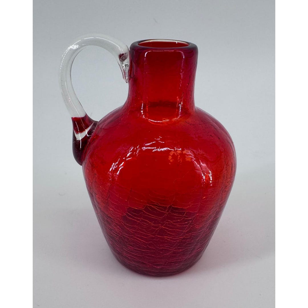 Red Crackle Glass Pitcher Vase Pilgrim Blenko Art Glass With Clear ...