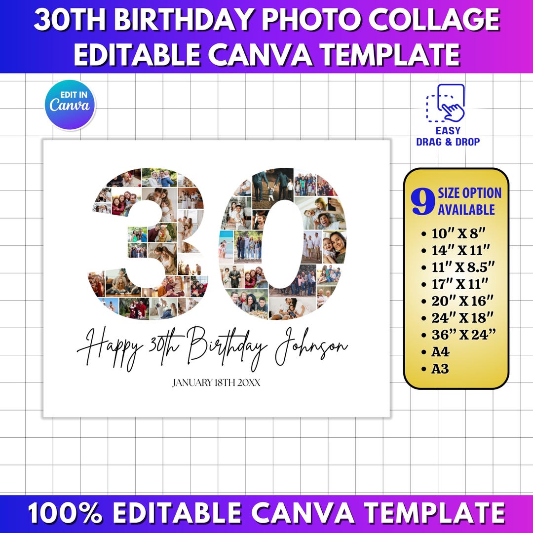 30th Birthday Photo Collage Template, Number 30 Picture Collage ...