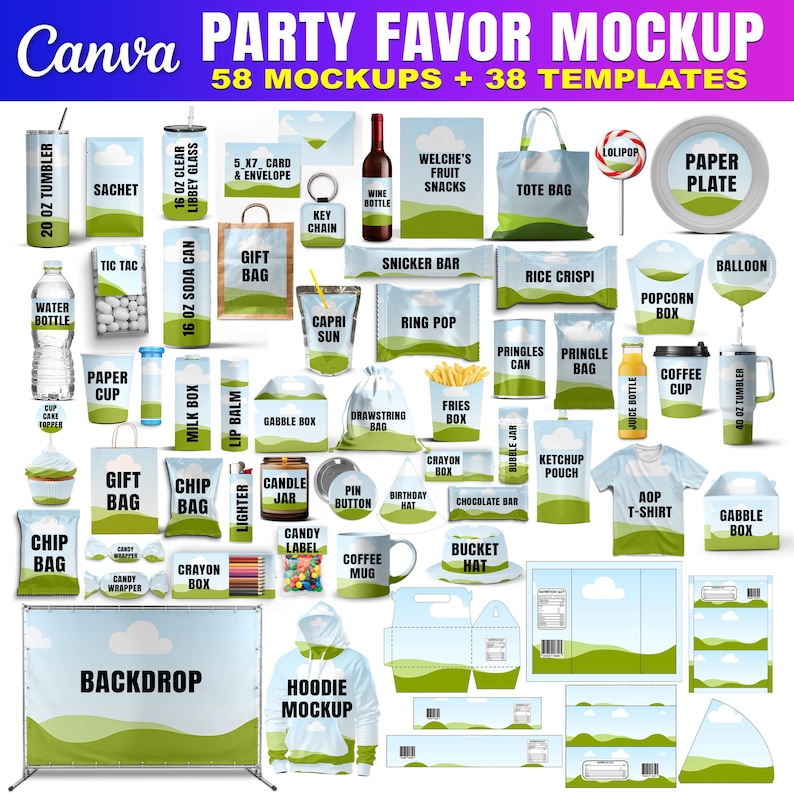 58x Party Favor Mockup Bundle, Canva Editable Party Favor Mockup Bundle ...