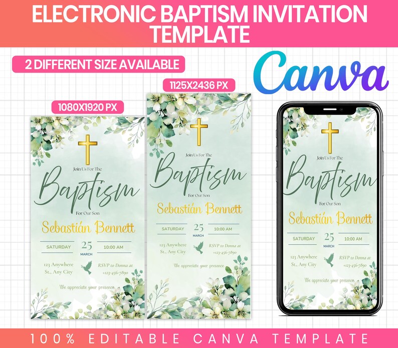 Electronic Baptism Invitation Template, Greenery Baptism Invite ...