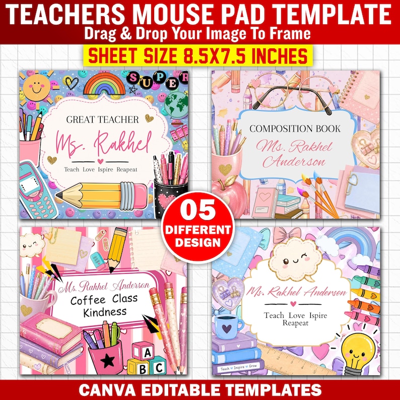 5x Teacher Mouse Pad Templates Canva Editable, Composition Notebook ...