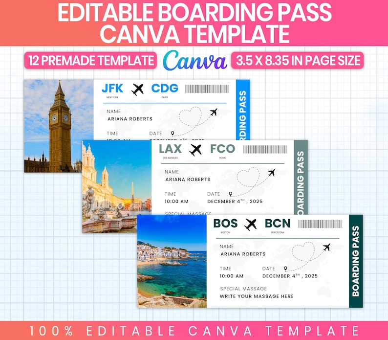 12x Editable Boarding Pass Template, Printable Airline Ticket Gift ...