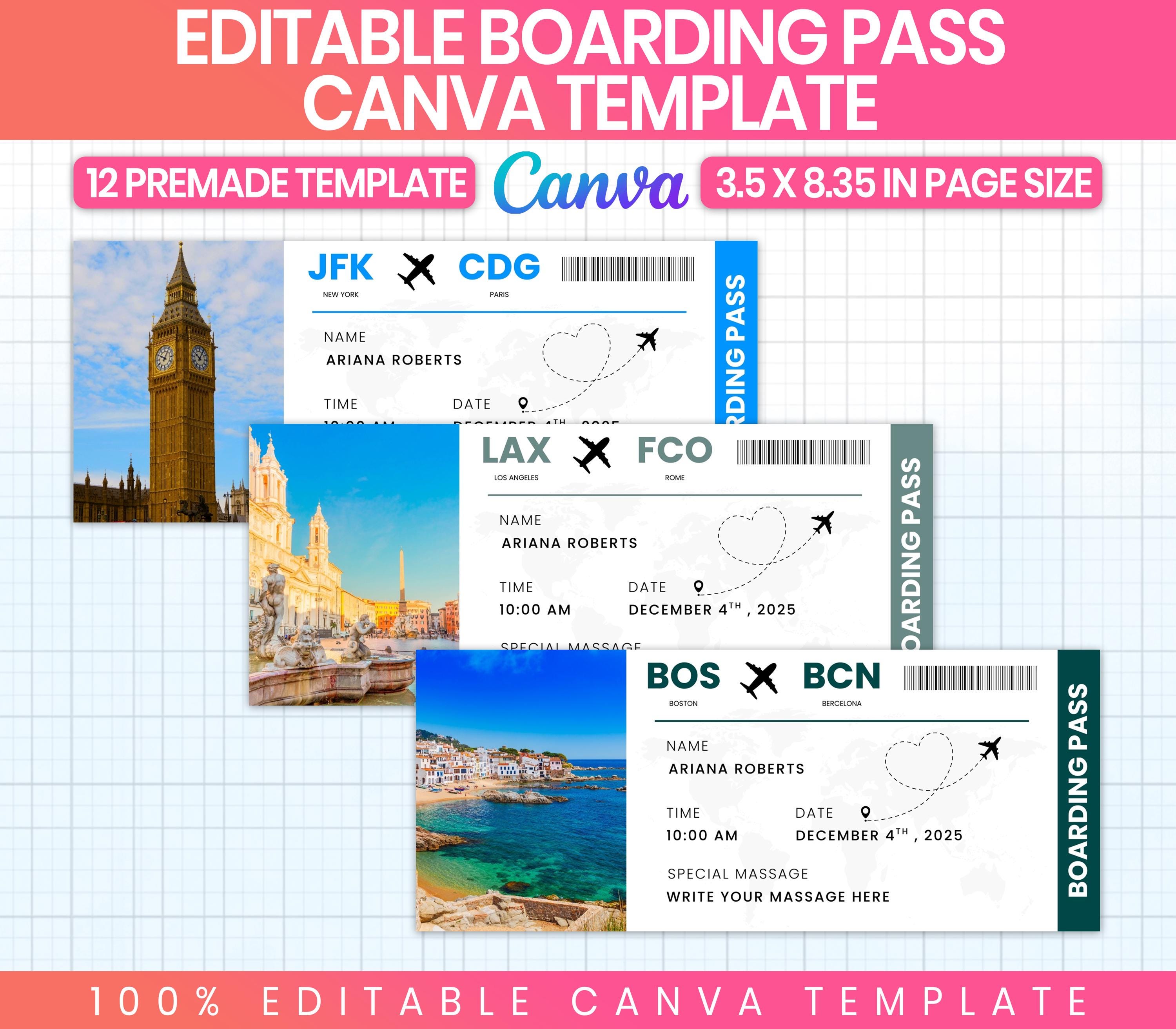 12x Editable Boarding Pass Template, Printable Airline Ticket Gift ...