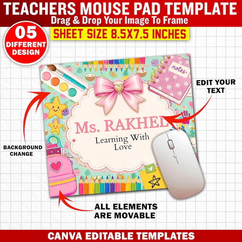 5x Teacher Mouse Pad Templates Canva Editable, Composition Notebook ...
