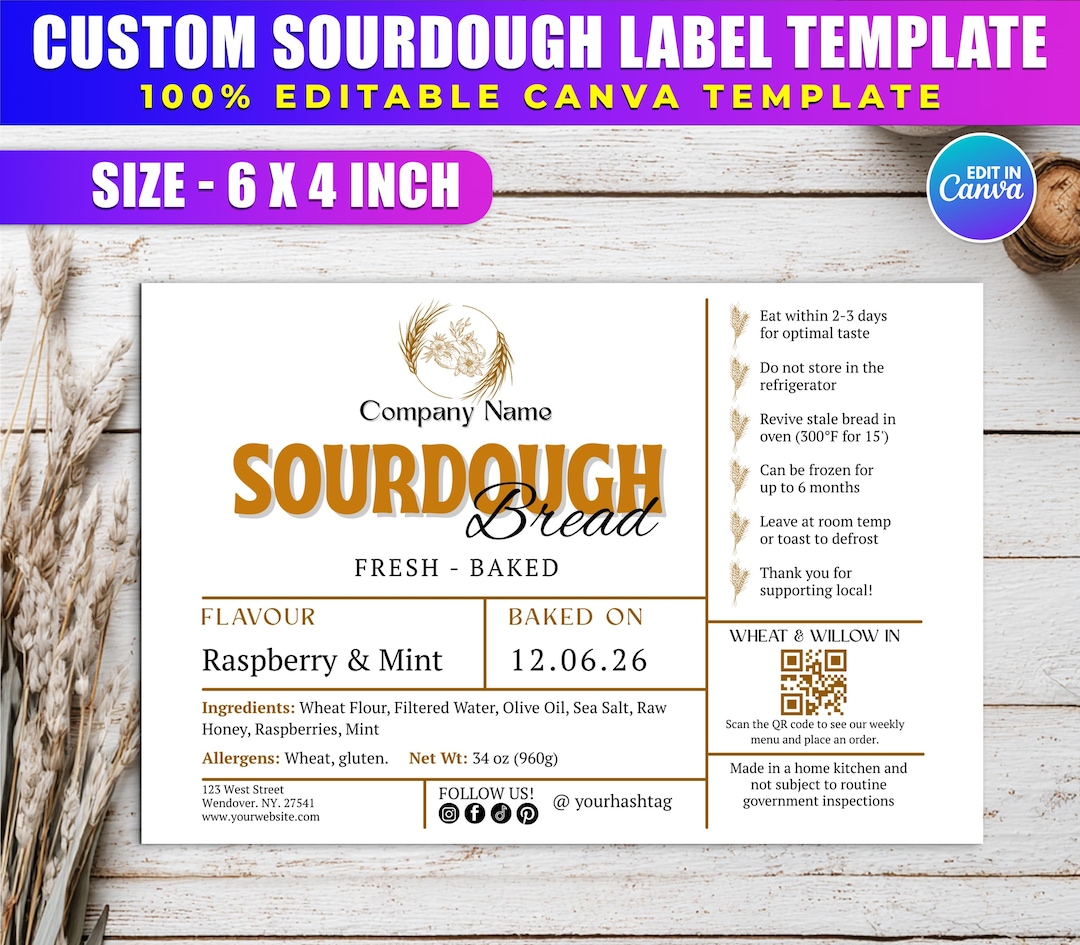 Custom Sourdough Label Template Canva Editable, 4X6 Inch Artisan Bread ...
