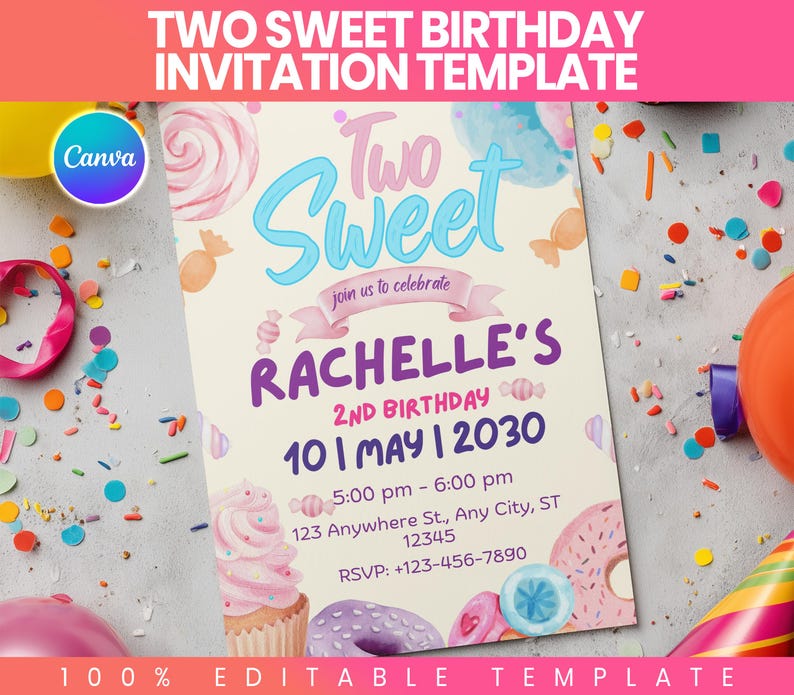 Editable Donut Invitation, Two Sweet Birthday Invite, Girl 2nd Birthday ...