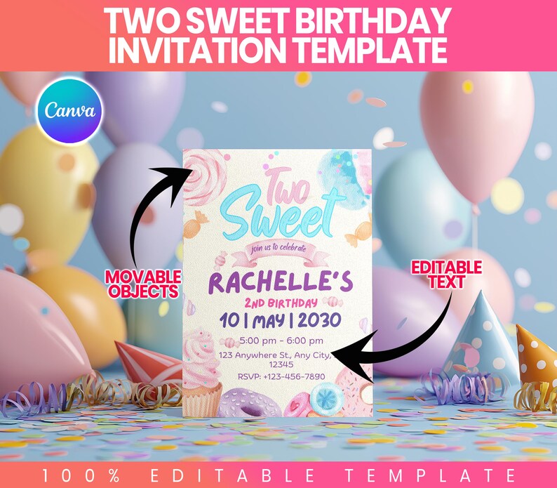 Editable Donut Invitation, Two Sweet Birthday Invite, Girl 2nd Birthday ...