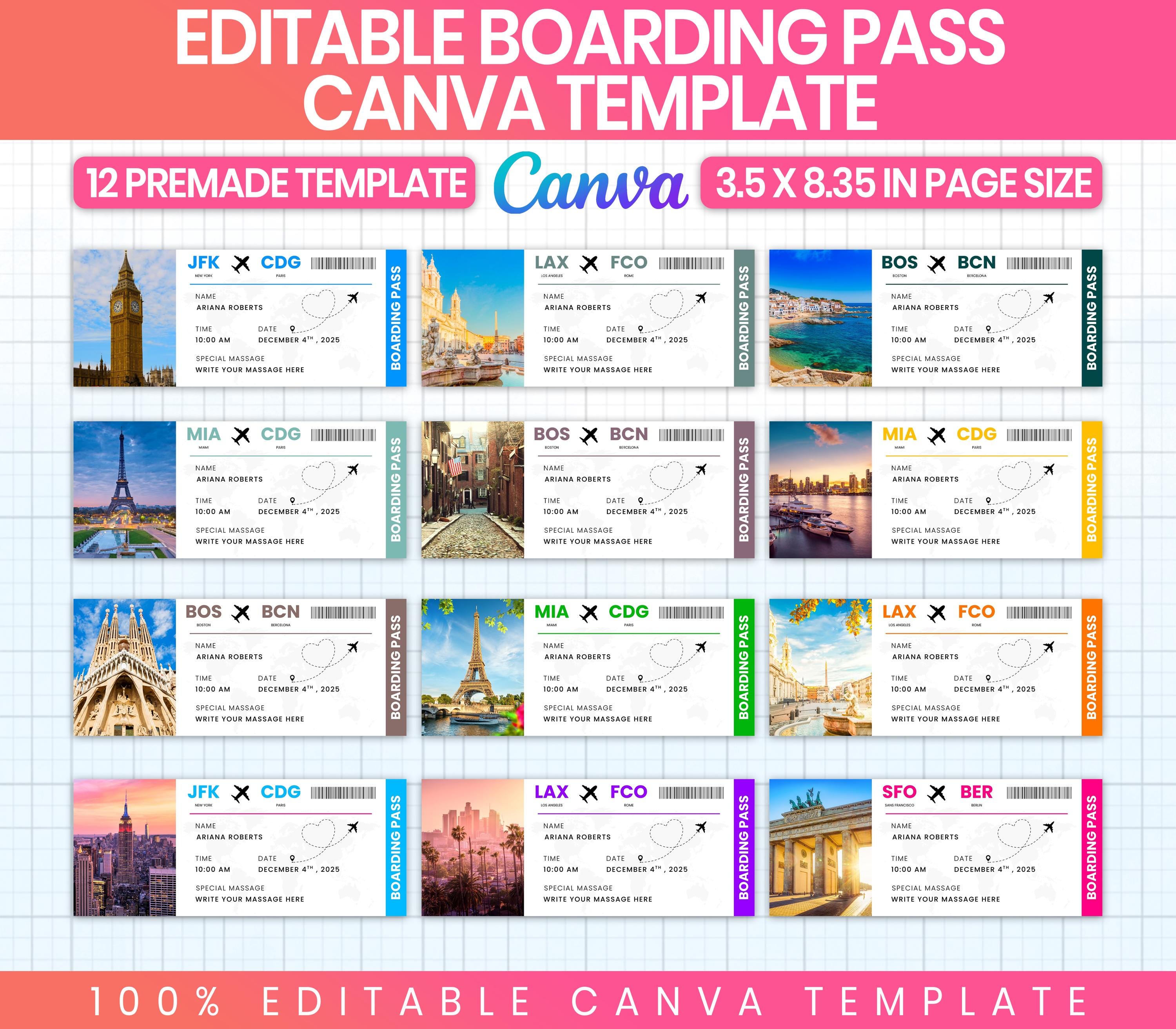 12x Editable Boarding Pass Template, Printable Airline Ticket Gift ...