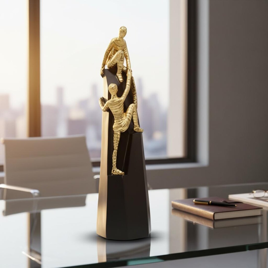 Teamwork Sculpture | Gold Climbing Figures, Black Resin Statue - Etsy