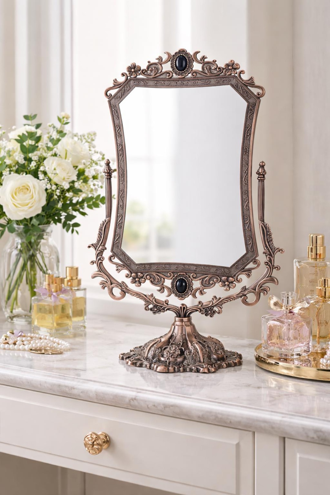 Vintage Double Sided Vanity Mirror, Antique Bronze Tabletop Makeup ...