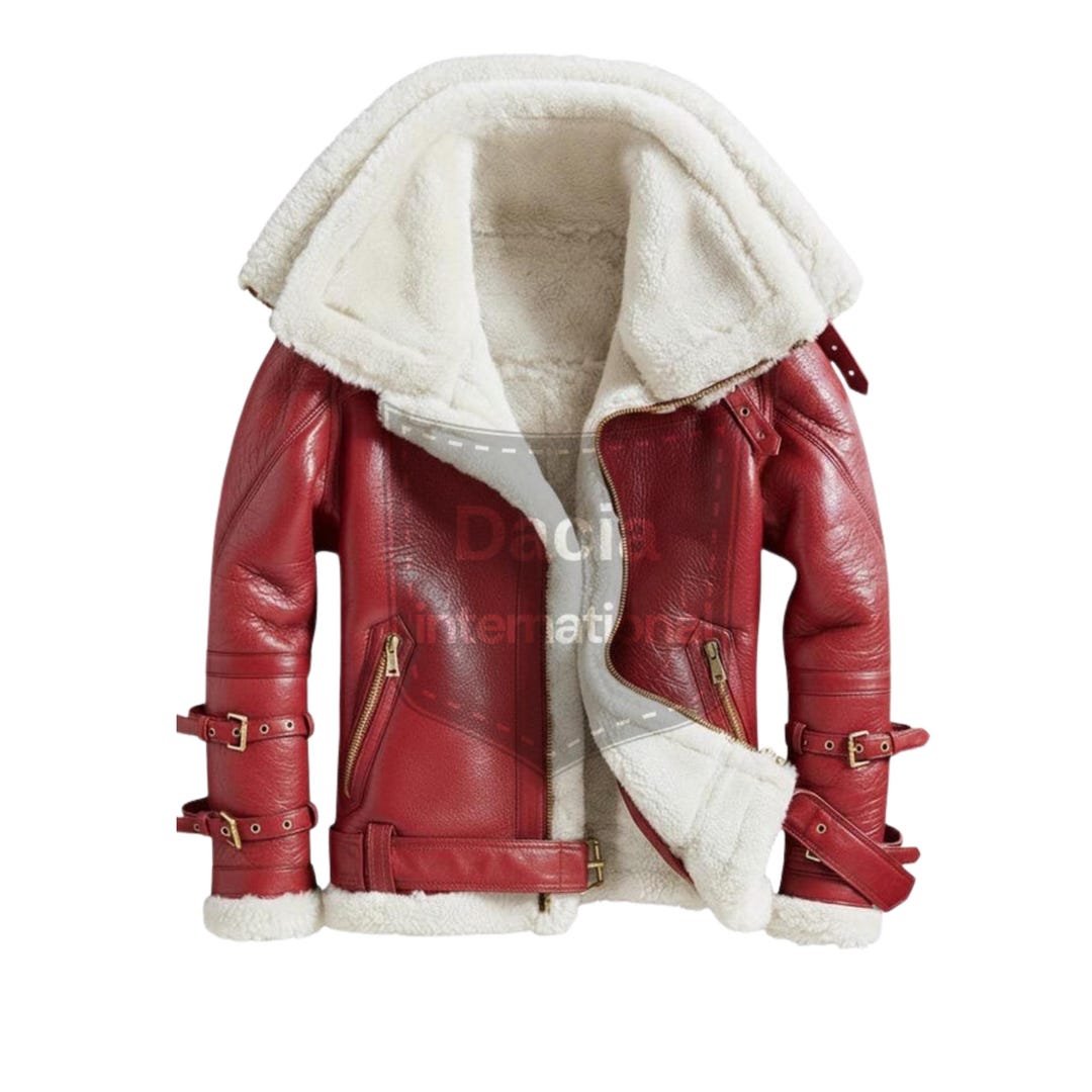 Handmade Christmas Leather Bomber Jacket – Red Santa Style Winter Coat ...