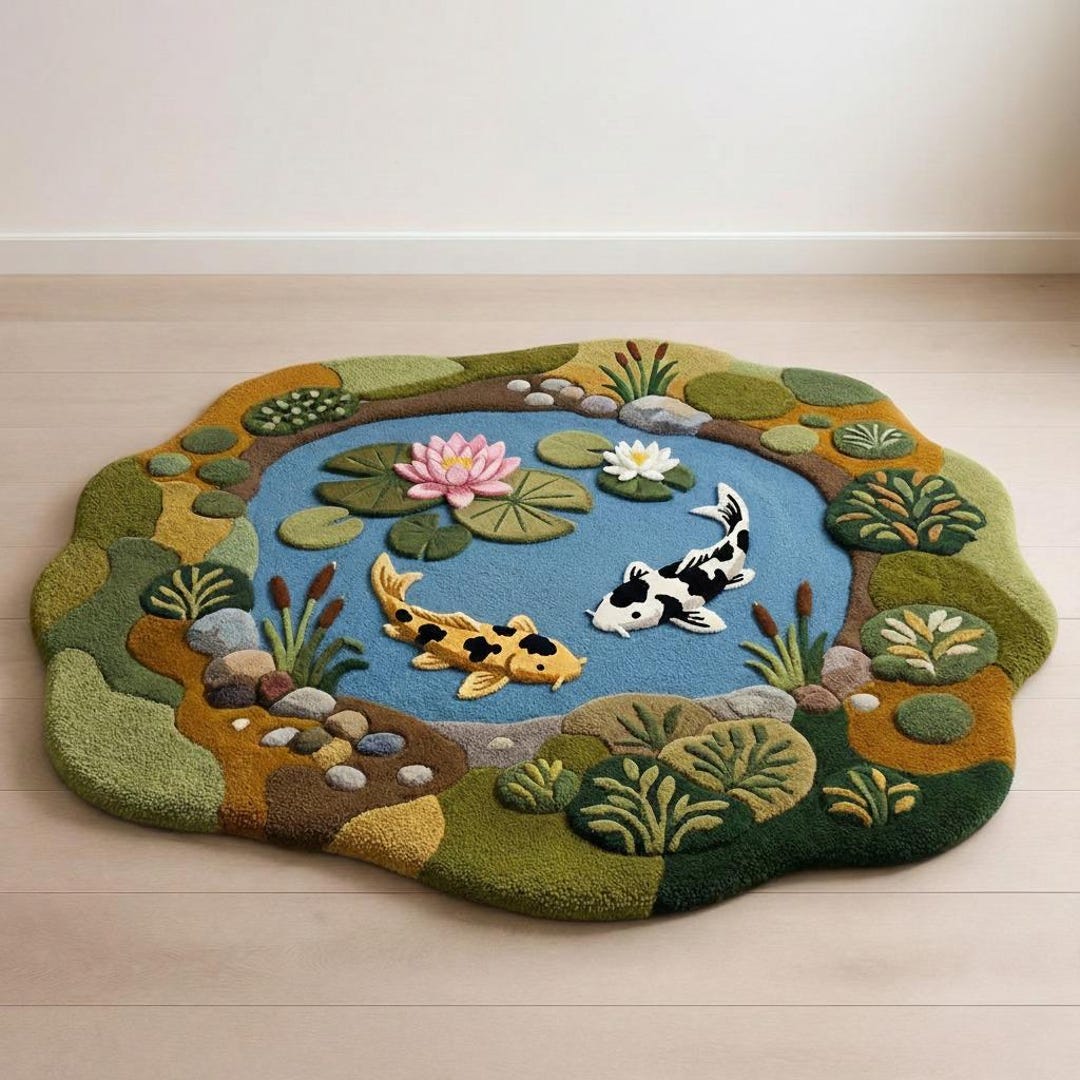 Moss Green Blue Koi Fish Pond Design Irregular Hand Tufted Wool Rug ...