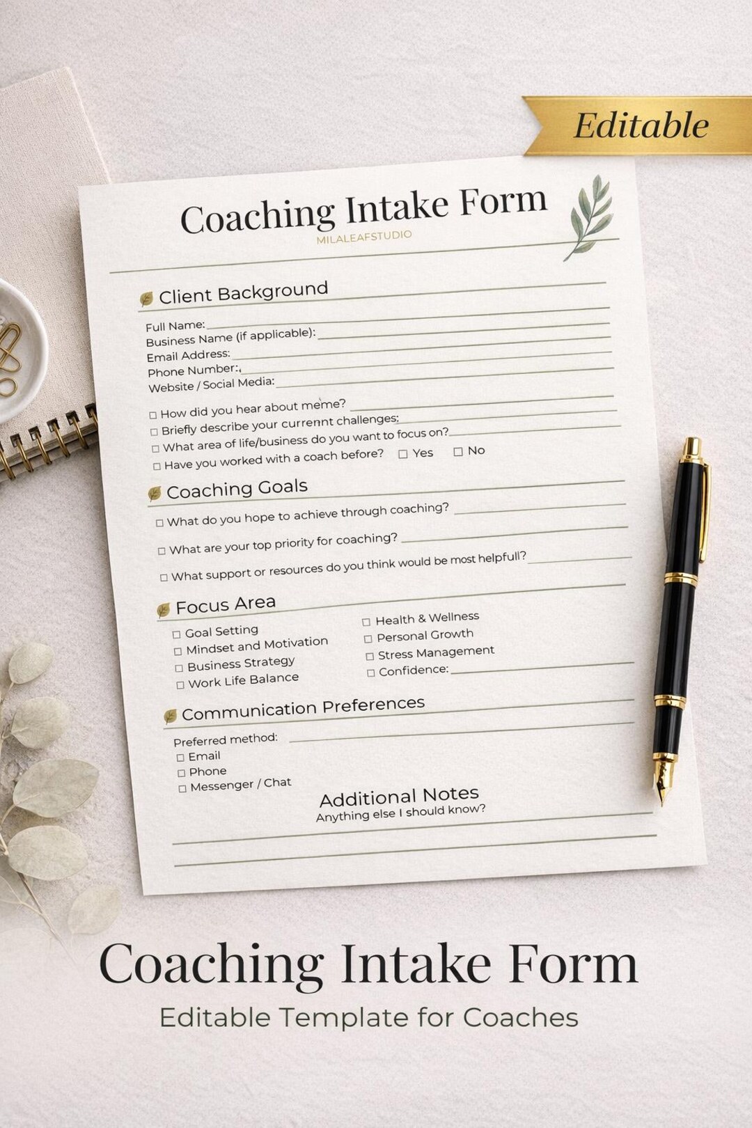 Coaching Intake Form | Client Background & Coaching Goals | Editable ...