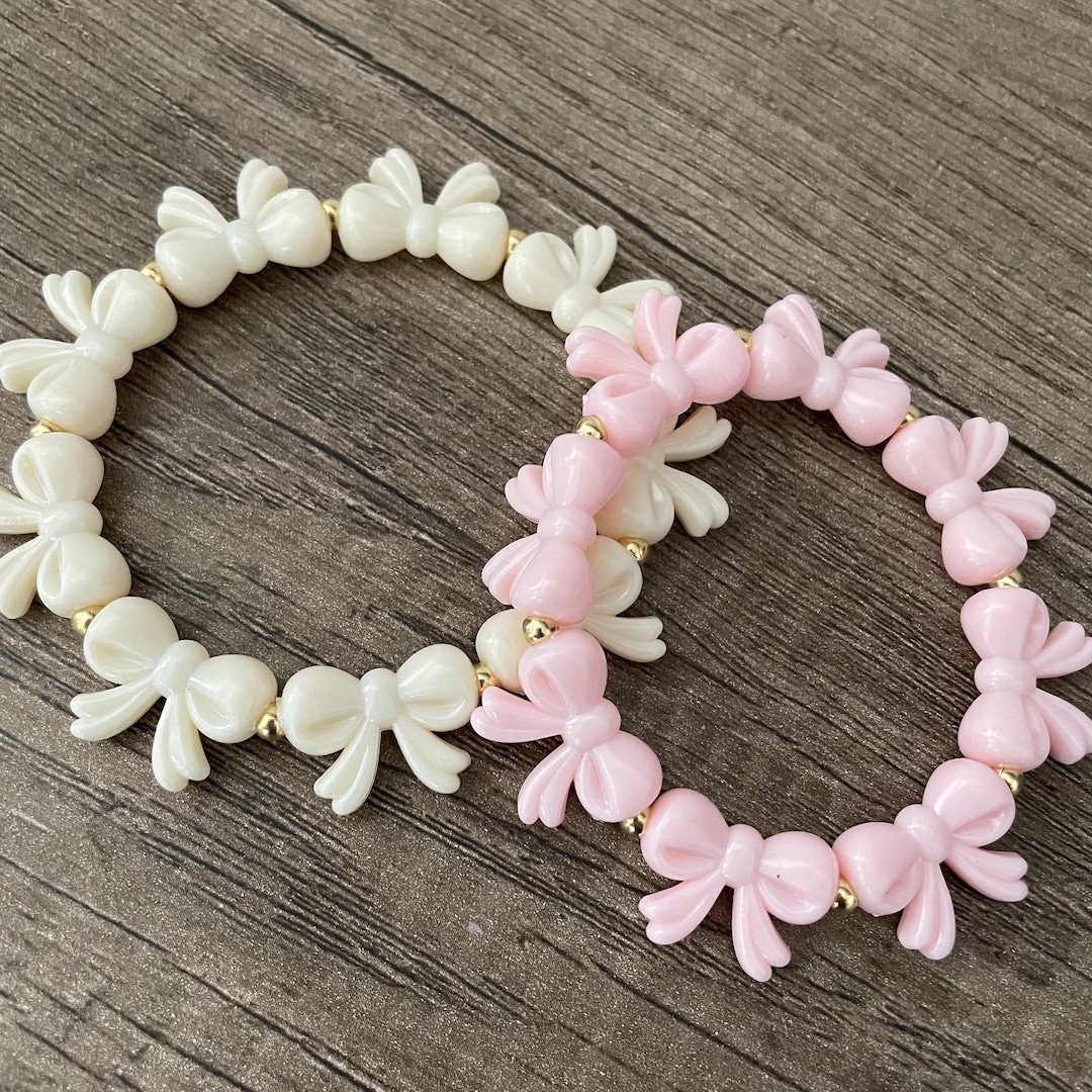 Bow Beaded Stretch Bracelet, Pastel Bow Bracelet, Pink Bow Bracelet ...