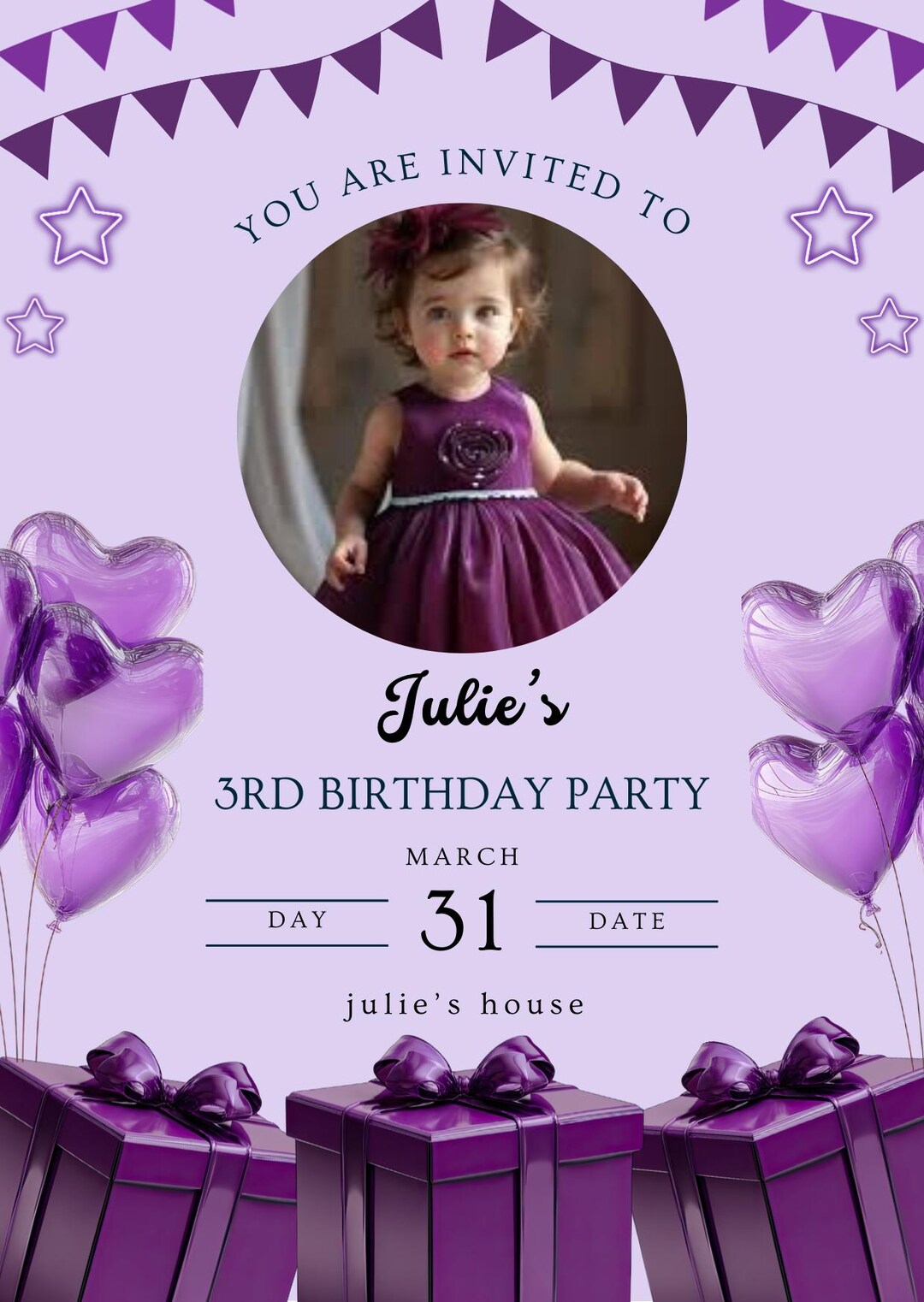 Purple Heart Birthday Invitation With Photo | Girl Party Invite ...