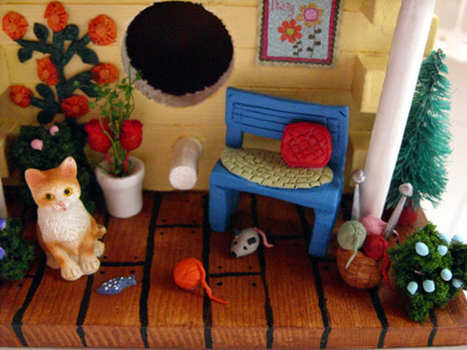 Yellow Birdhouse - Spring Flowers, Cat, Yarn, Knitting, Windowbox ...