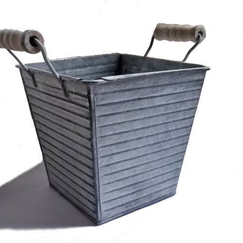 Square Metal Bucket W/wood Handles 5 Galvanized Metal - Etsy