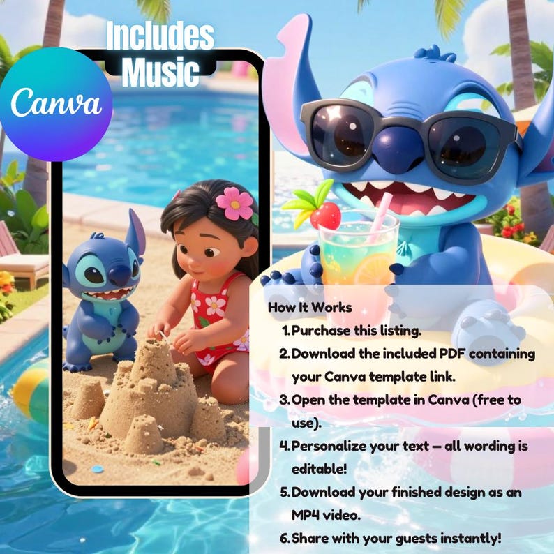 Stitch Pool Party Birthday Invitation Template, Tropical Summer Splash ...